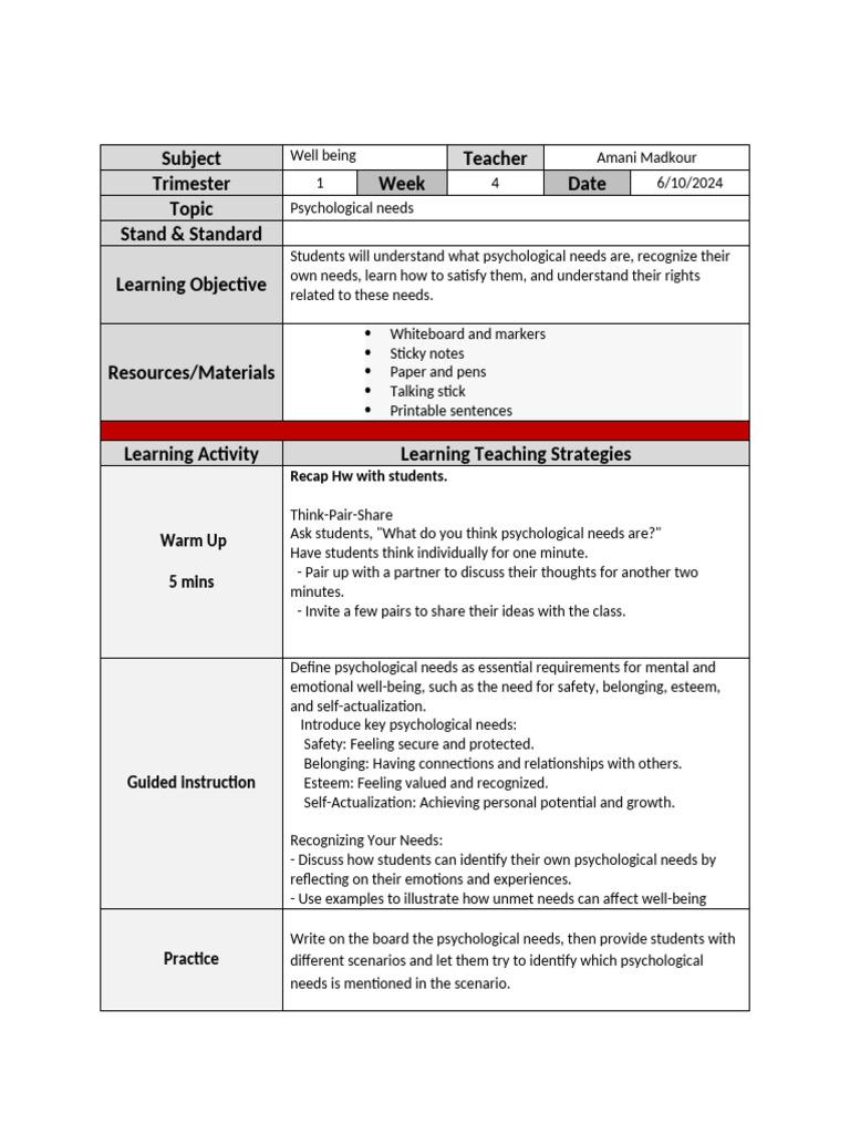 Lesson Plan Week 4 Psychological Needs | PDF | Well Being | Learning