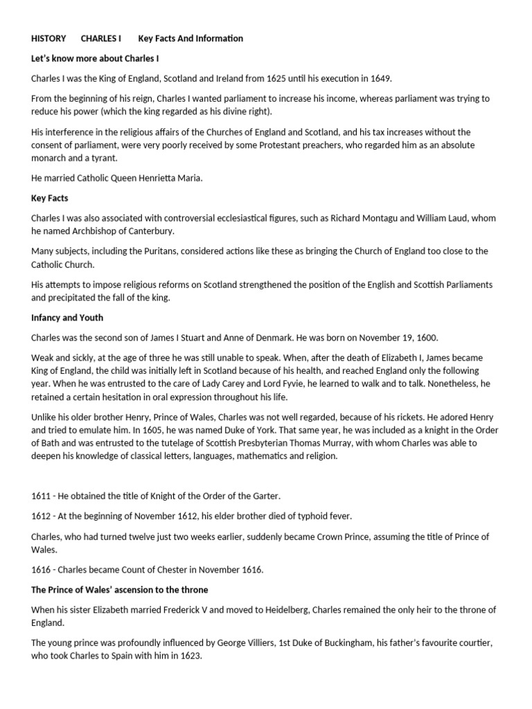 HISTORY CHARLES I Key Facts And Information | PDF | Monarchy Of The ...