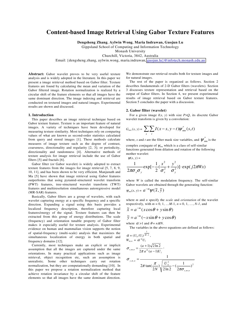 Content-Based Image Retrieval Using Gabor Texture Features: Dengsheng Zhang, Aylwin Wong, Maria ...