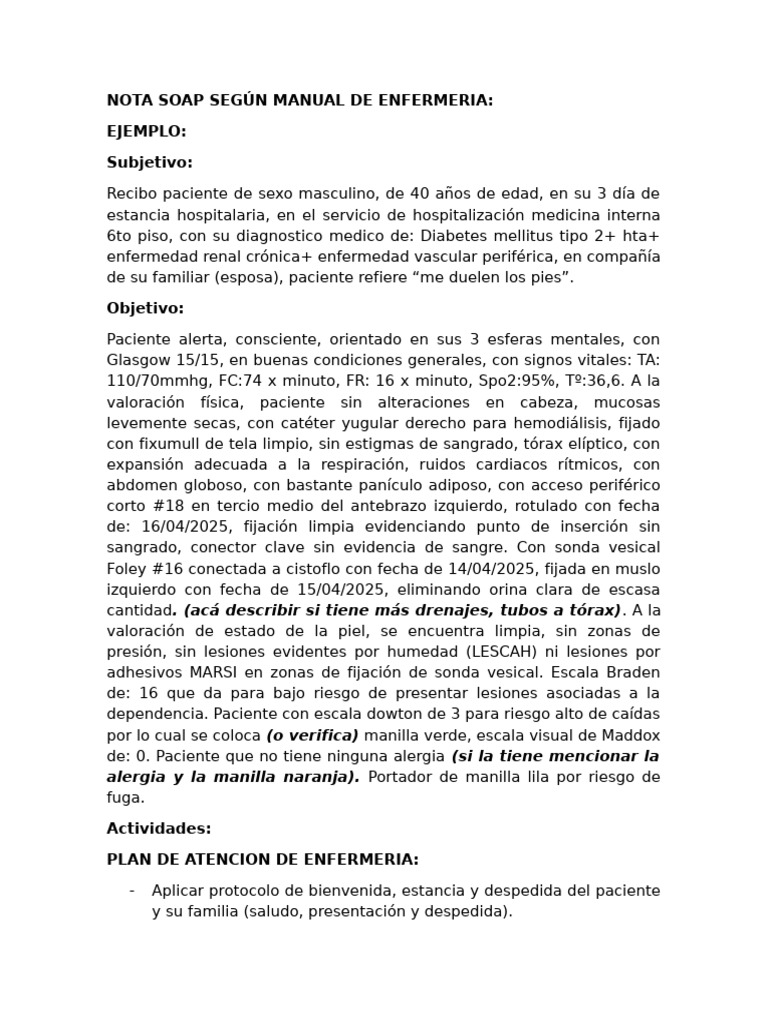 Ejemplo de Nota SOAP en Enfermería | PDF | Diabetes | Especialidades ...