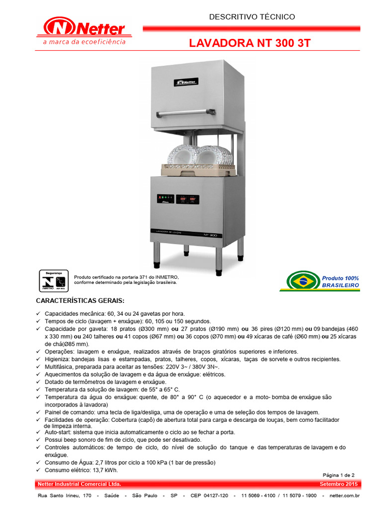 Lavadora NT 300 3T: Desempenho e Especificações | PDF