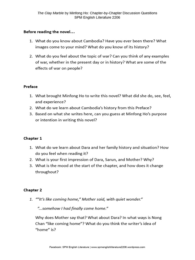 The Clay Marble Chapter by Chapter Discussion Questions | PDF