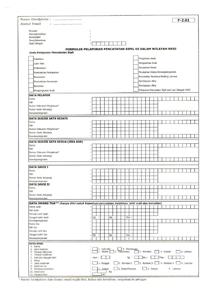 Form Pelaporan Pencatatan Sipil Dalam Wilayah Nkri F 201 | PDF