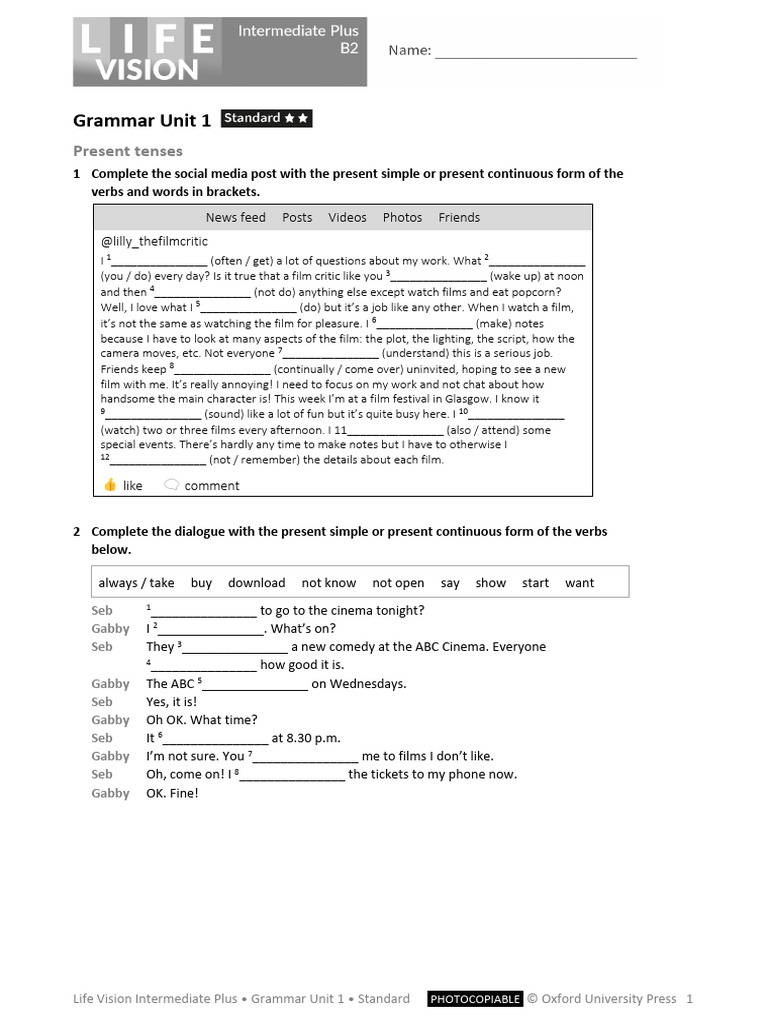 1LV Int Plus U1 Grammar Standard Worksheet | PDF | Linguistics | Grammar