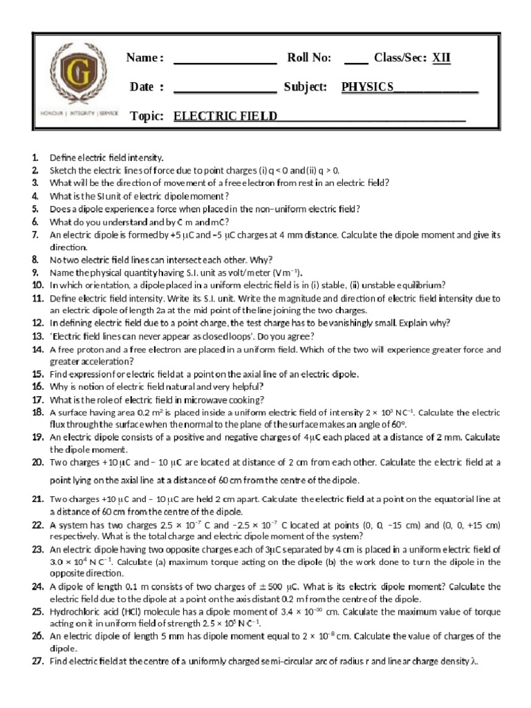 Assignment Electric Field | PDF