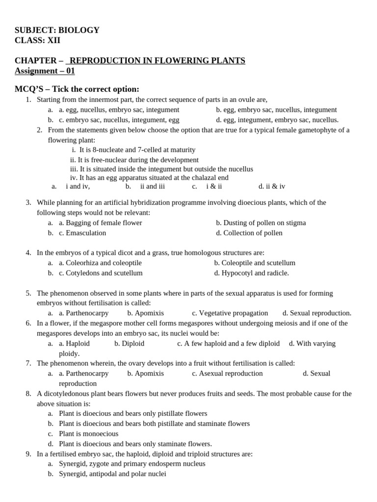 Class 12 Bio Ch-1 Q-A Asgn | PDF | Fertilisation | Sexual Reproduction