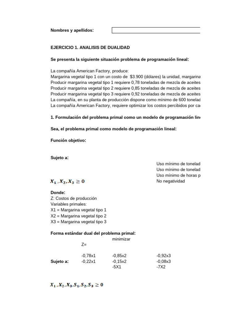 Plantilla Solucion Ejercicio 1 - Analisis de Dualidad - Tarea - 2 | PDF | Programación lineal ...