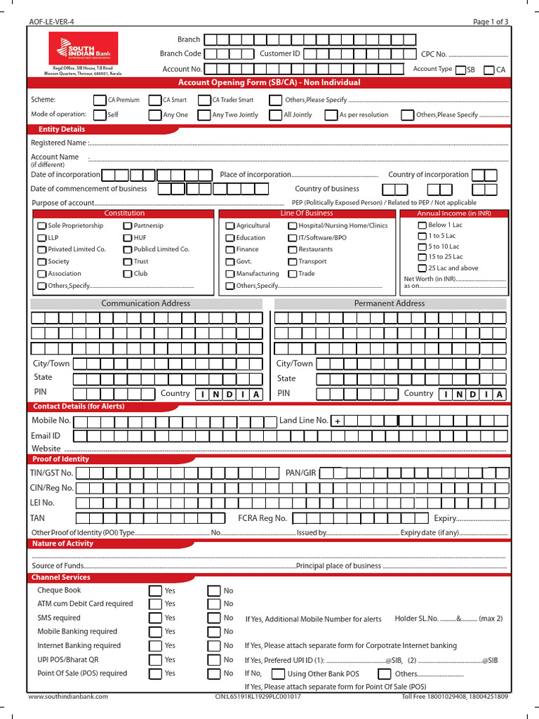 Account Opening Form Sb-CA-non Individual | PDF | Banks | Cheque