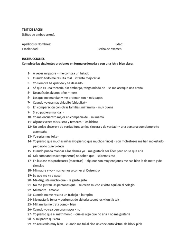 Test de Sacks: Evaluación Infantil y Adolescente | PDF