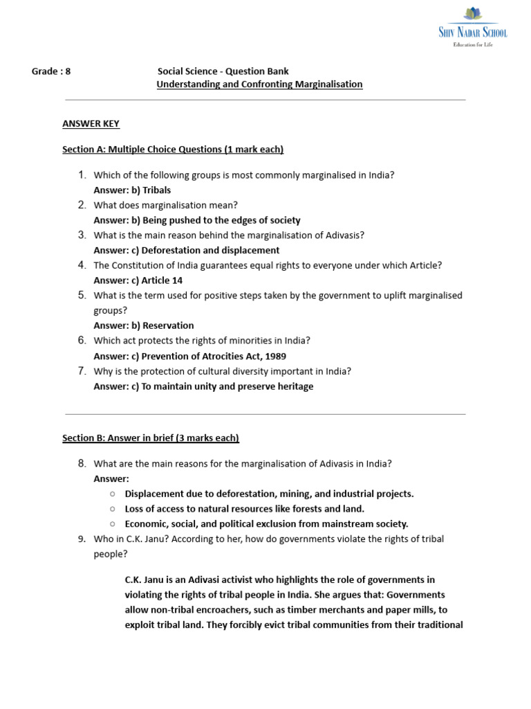 Question Bank - ANSWER KEY - Understanding Marginalisation and ...