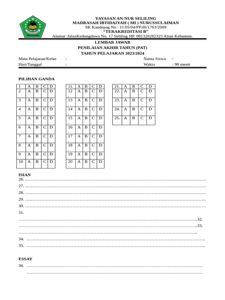 Lembar Jawab Pat MTK | PDF