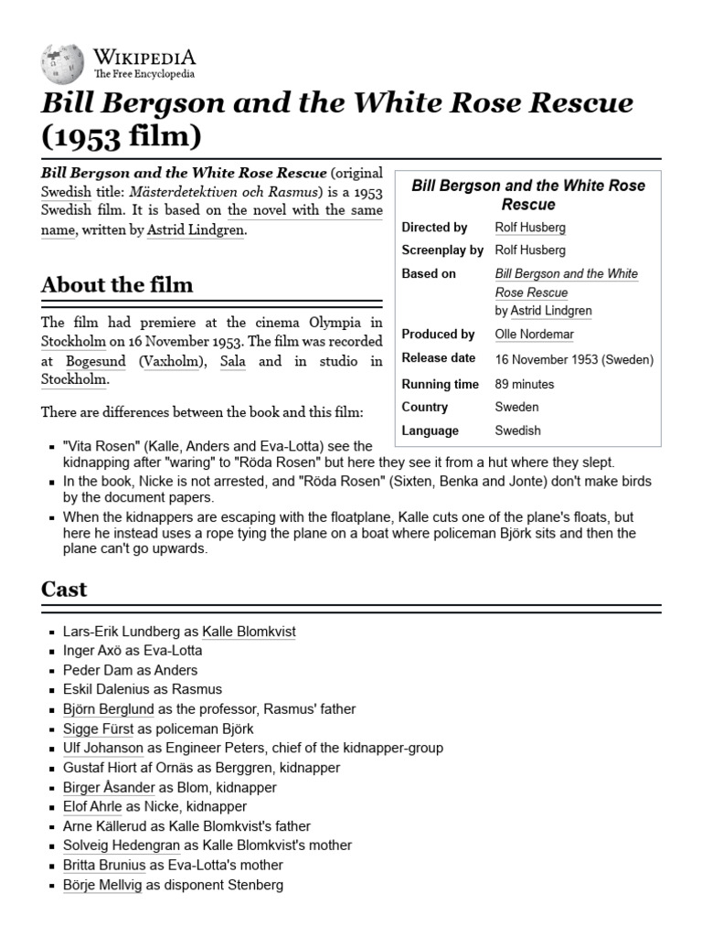 Bill Bergson and The White Rose Rescue (1953 Film) | PDF