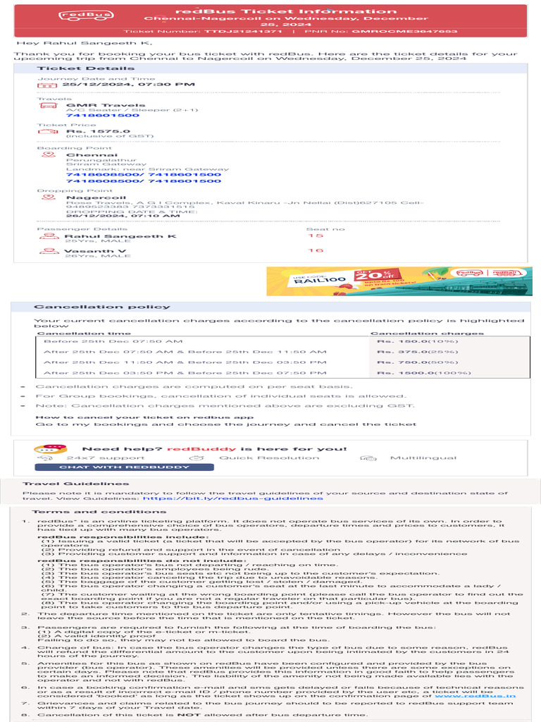 Redbus Ticket Information | PDF