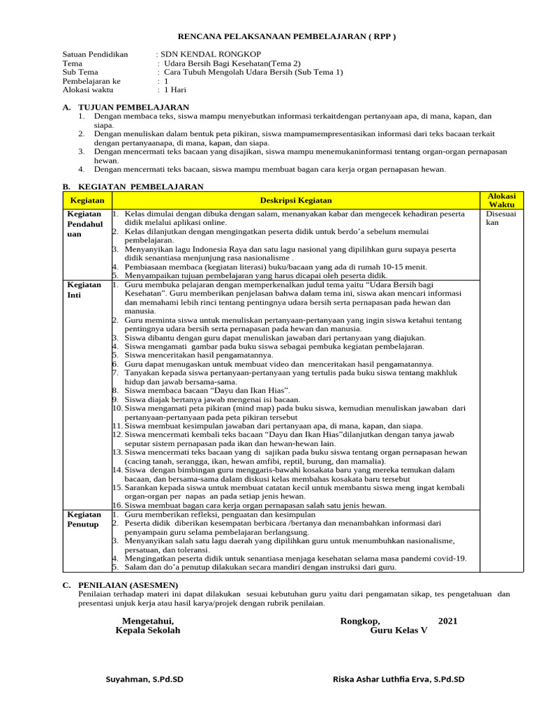 RPP DARING KELAS 5 TEMA 2 ST 1 | PDF