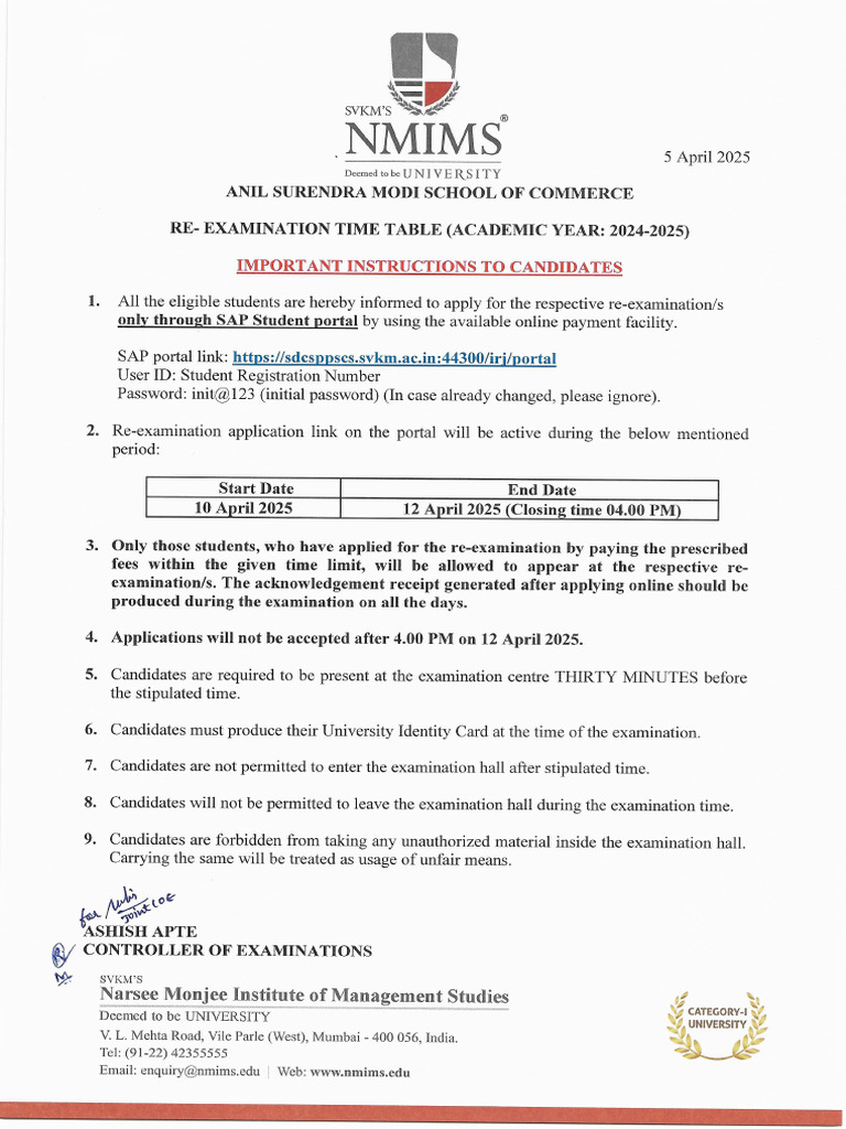 ASMSOC Term II Re Exam Time Table For 2024-2025 23yrvjtsk4 | PDF