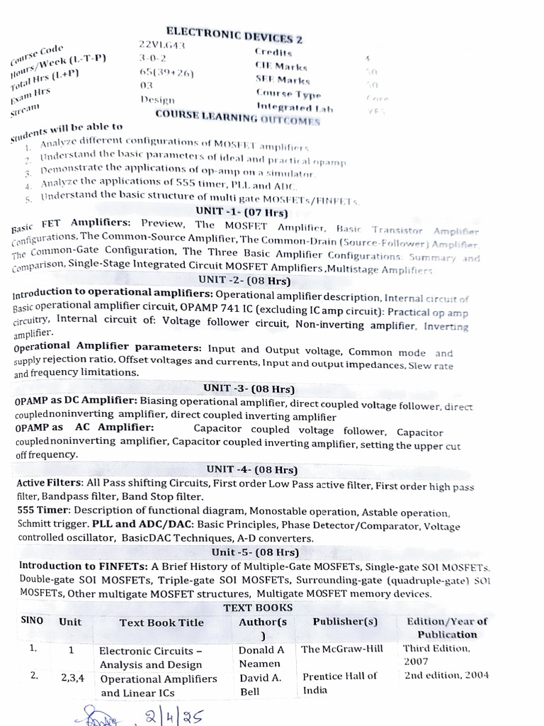 Electronic_Devices_2_Syllabus | PDF | Operational Amplifier | Amplifier
