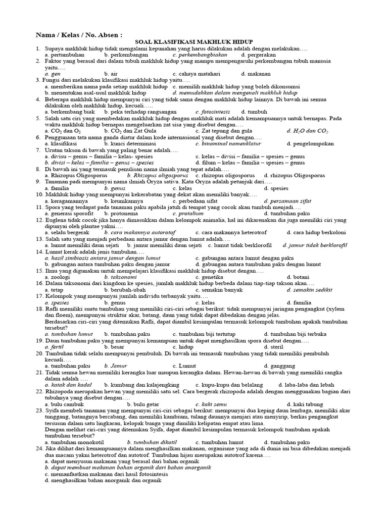 1a. Soal Klasifikasi Makhluk Hidup | PDF