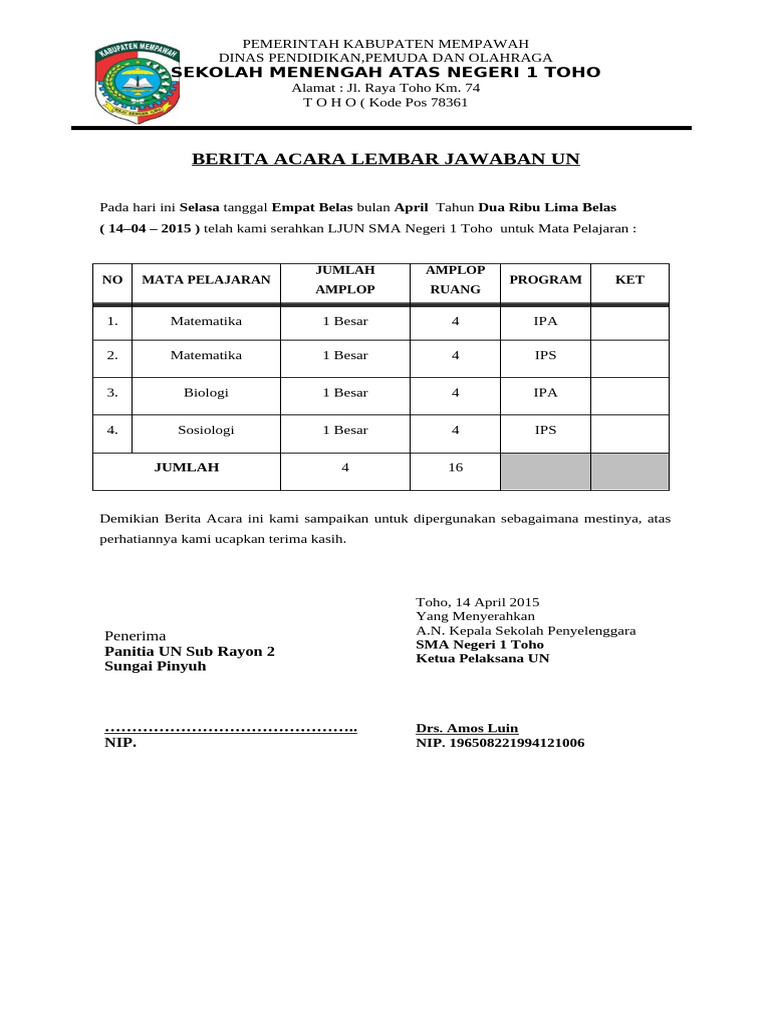 Berita Acara Penyerahan LJUN SMA Toho | PDF