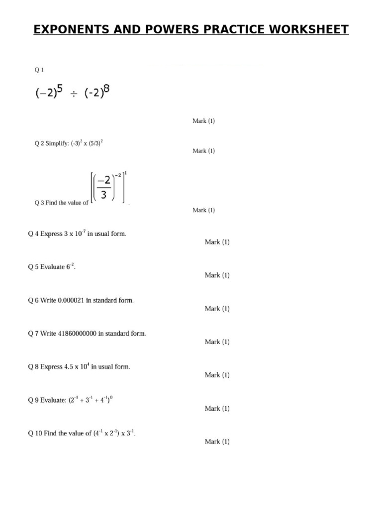 EXPONENTS AND POWERS PRACTICE WORKSHEET | PDF