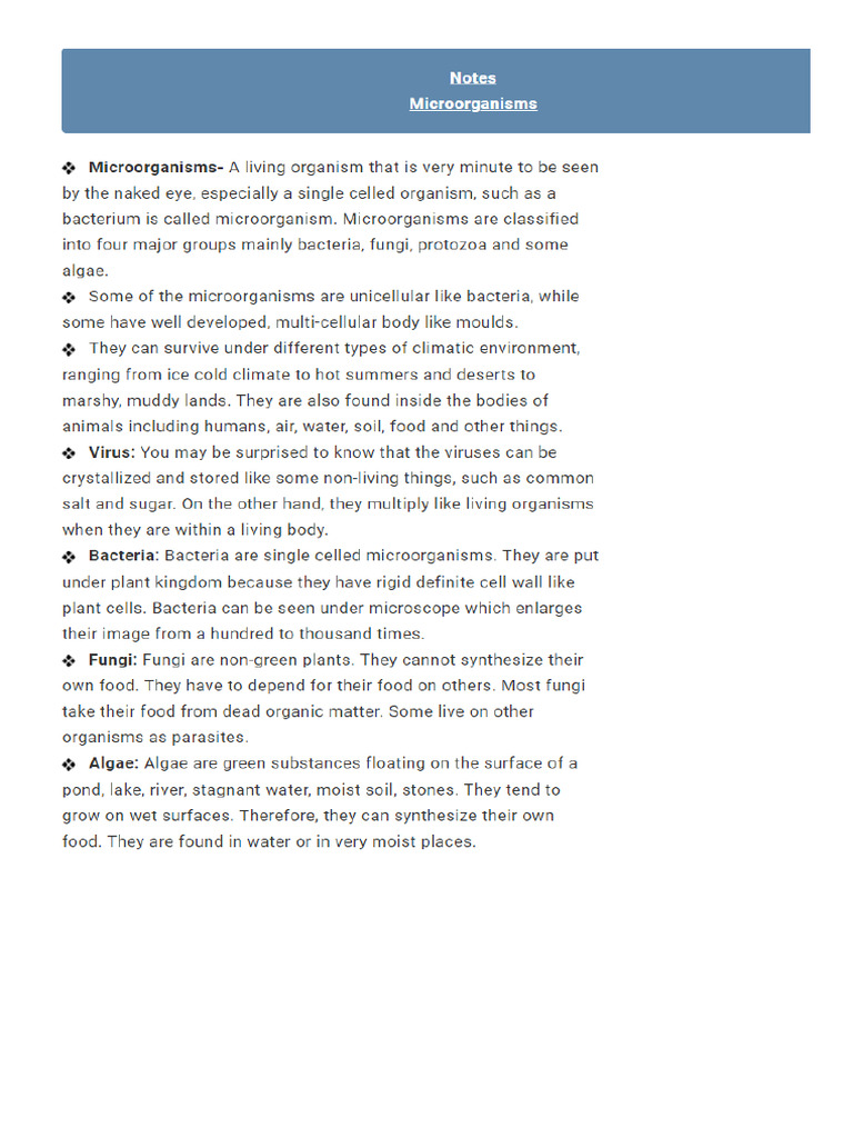 Micro-Organisms (Notes & WS) - 7.7.24 | PDF