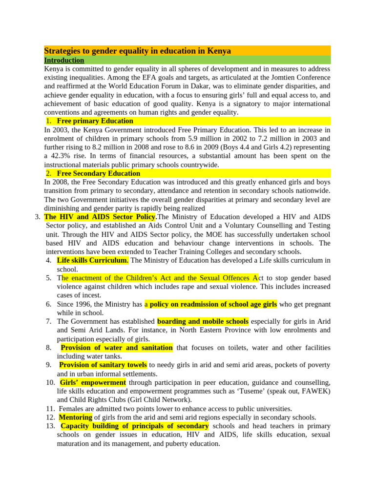 Strategies To Gender Equality in Education in Kenya | PDF | Gender ...