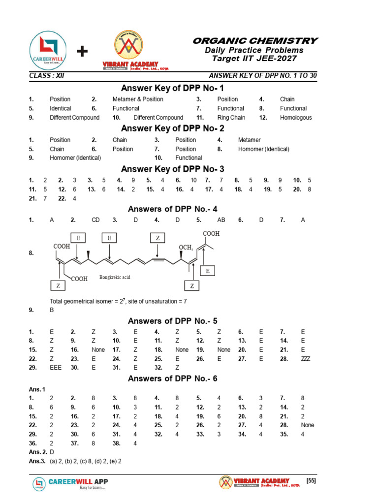 DPP Answer Key (1-30) Isomerism | PDF | Chirality (Chemistry) | Physical Chemistry