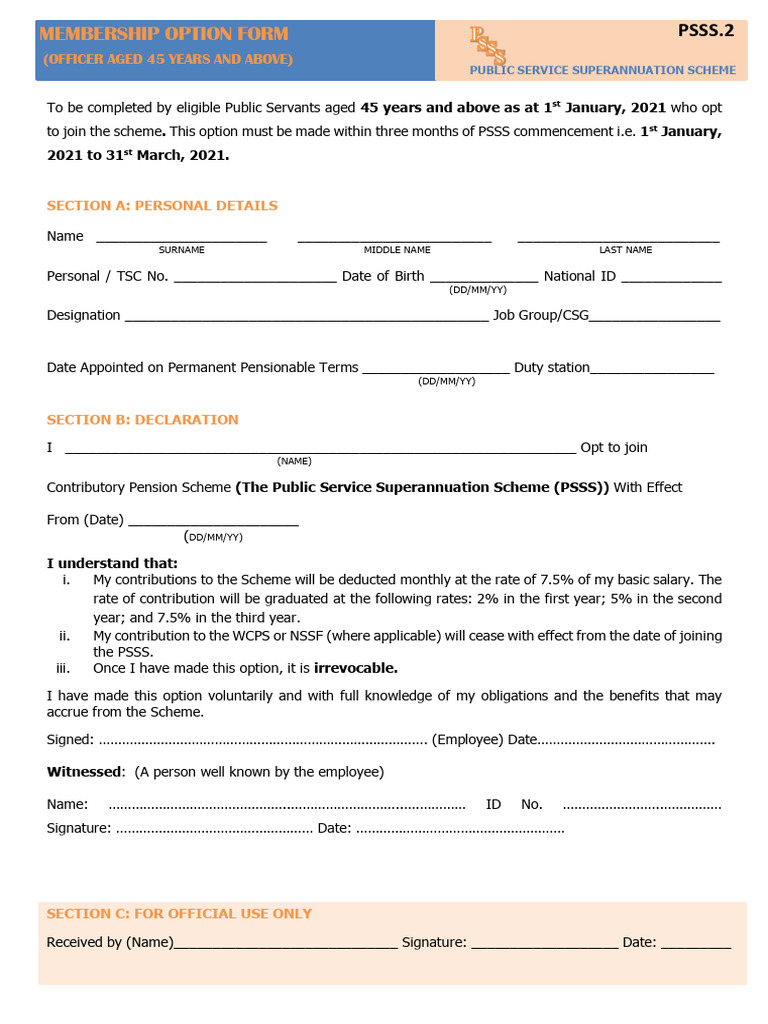 PSSS - 2 Membership Option Form | PDF | Pension | Retirement