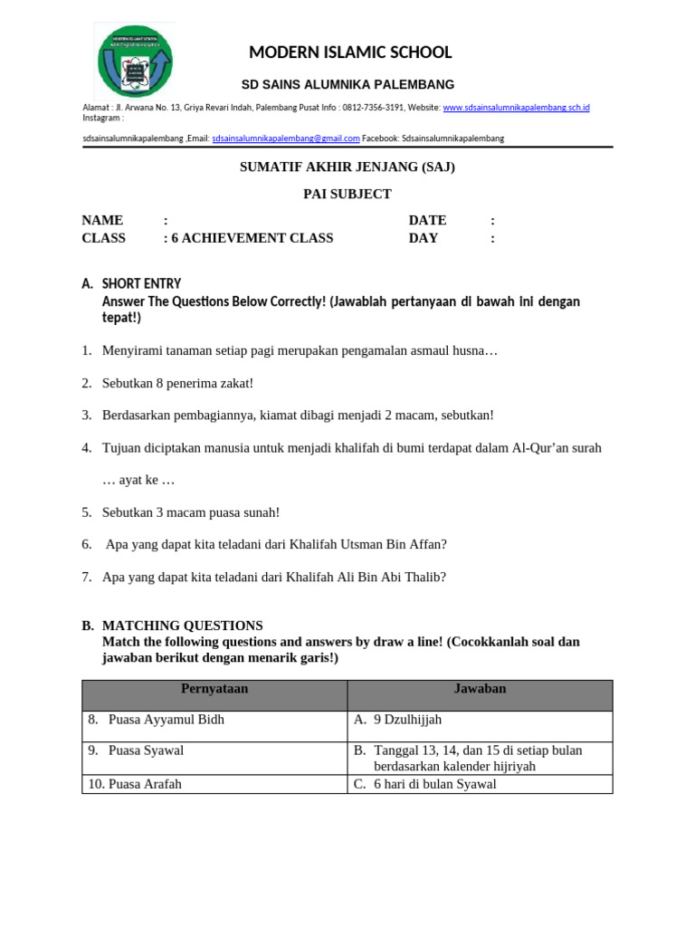 SAJ PAI Kelas 6 (Esai&Menjodohkan) | PDF