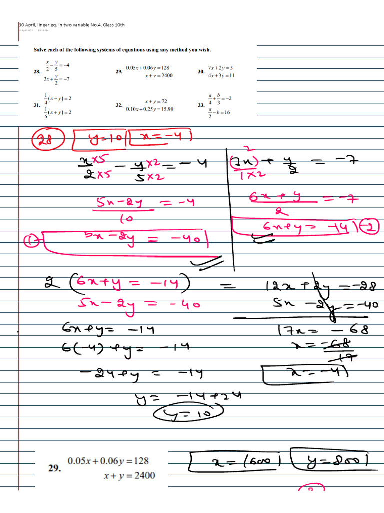 30 April, Linear Eq. in Two Variable, Class 10th | PDF