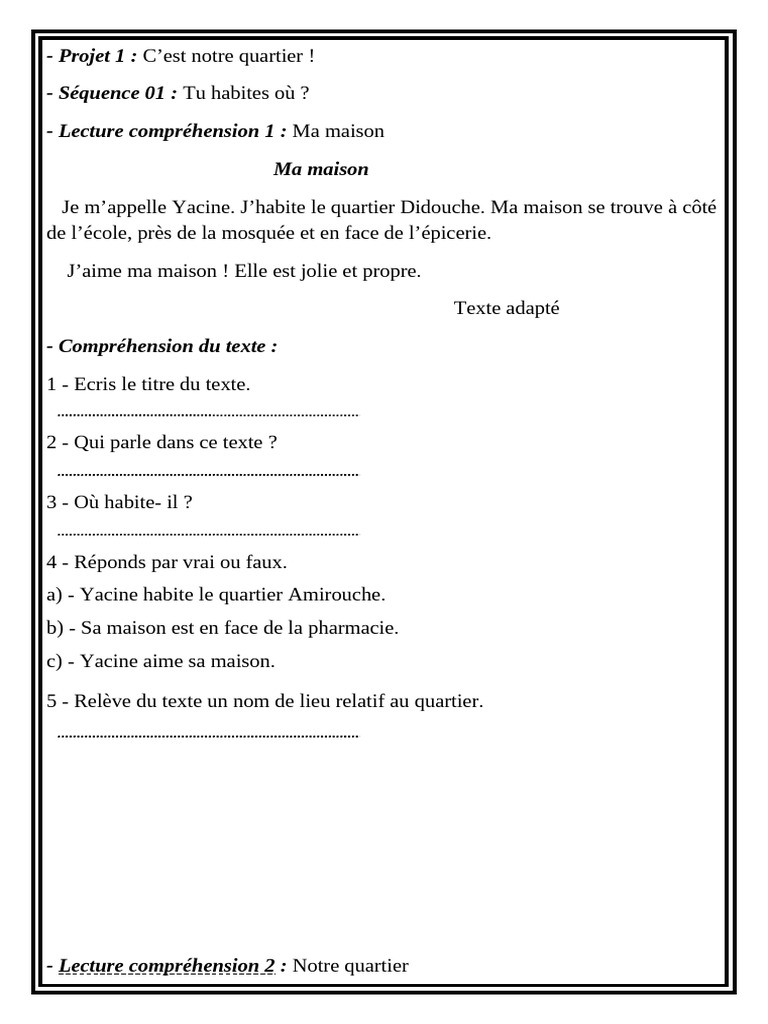 Compréhension de lecture 3ème année | PDF