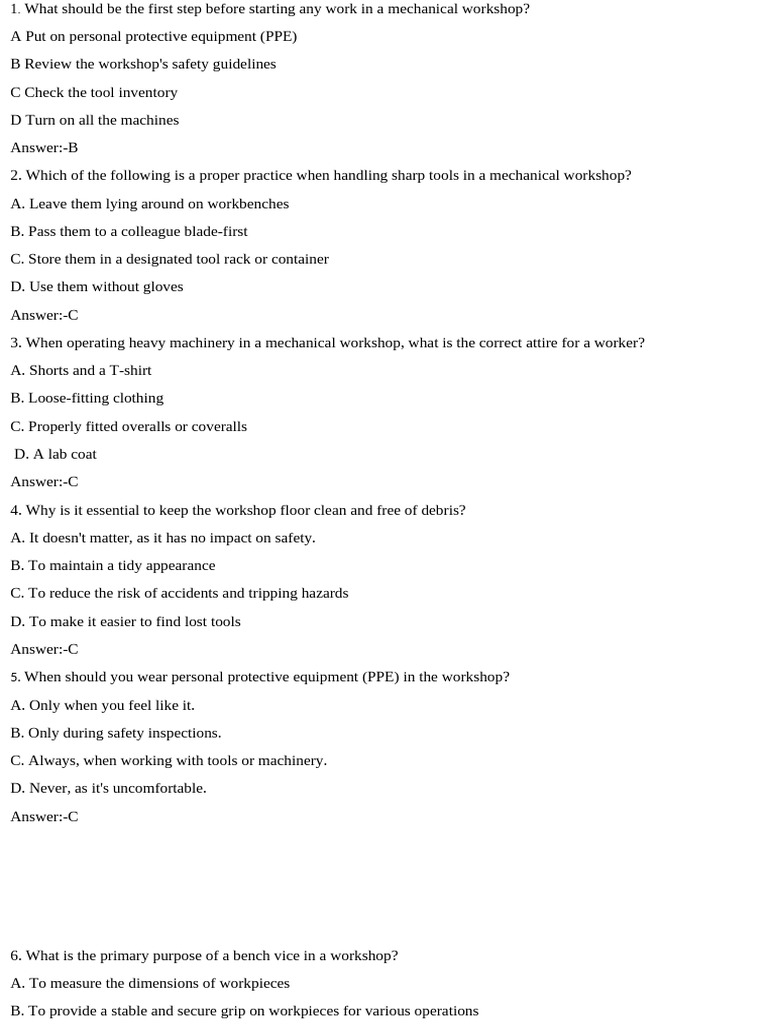 Mechanical Workshop Safety Quiz | PDF | Sheet Metal | Pipe (Fluid ...