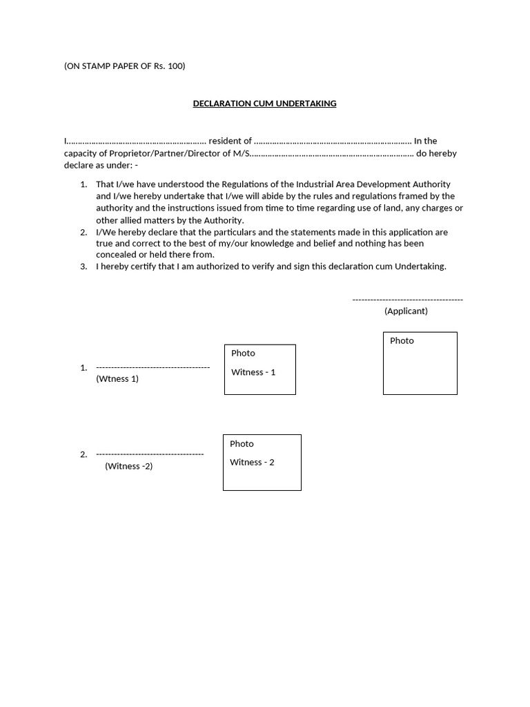 Format of Declaration Cum Undertaking For Application | PDF