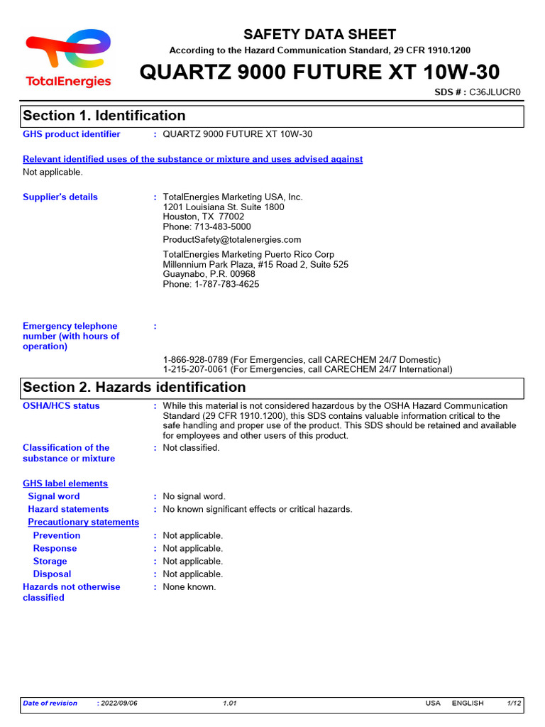 FDS-Aceite Sintético de Motor 10W-30-Total | PDF | Toxicity | Waste