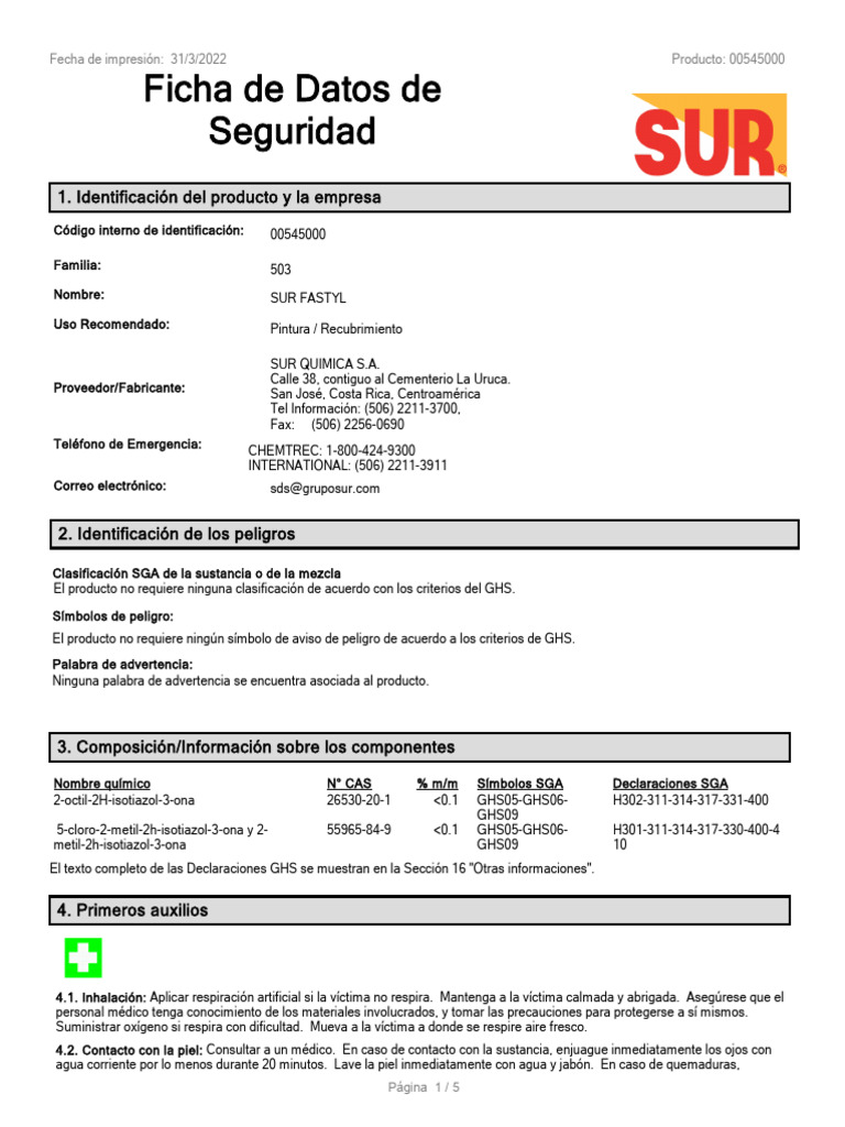 FDS-Impermebealizante-Sur Fastyl | PDF | Toxicidad