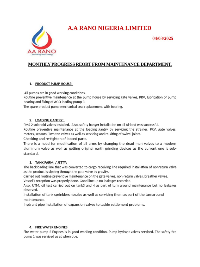Annual-Maintenance Progress Report 2025 | PDF | Pump | Valve