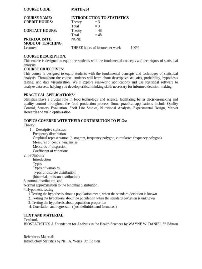 Math 264-Intro To Statistics Course Outline | PDF | Statistics ...