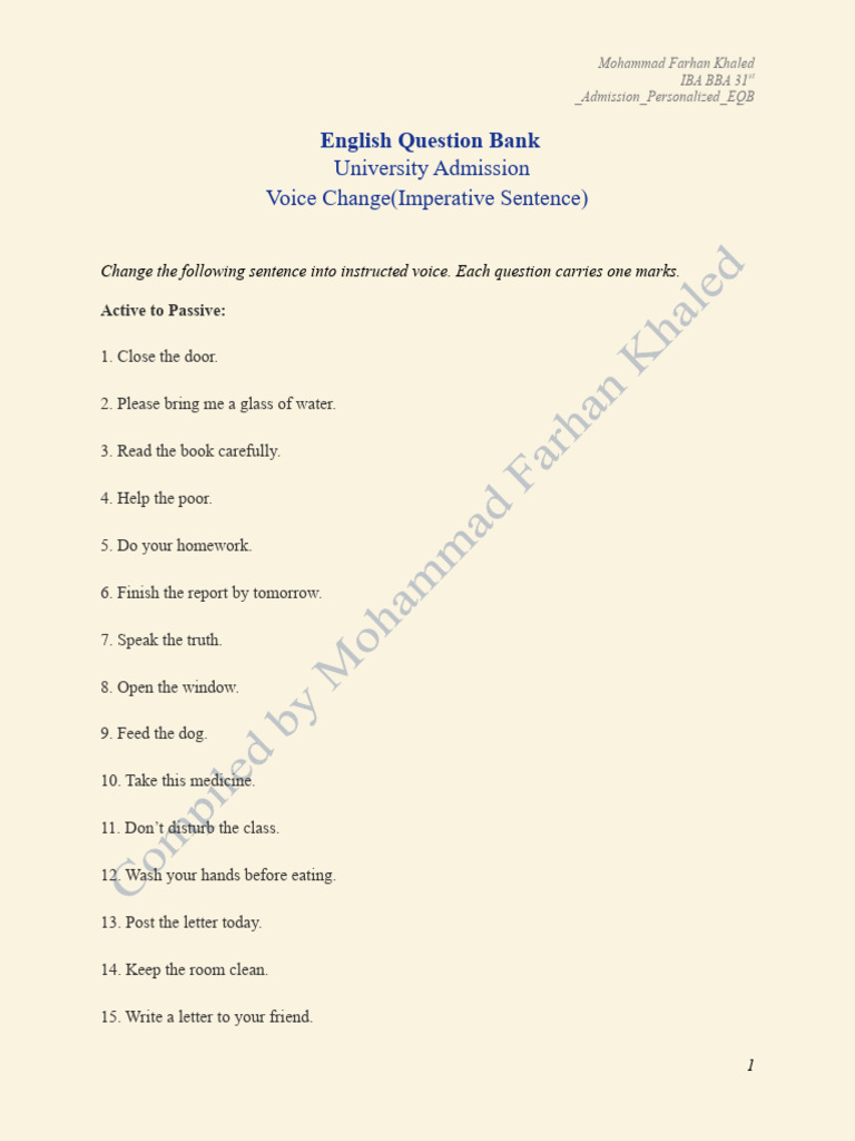Voice Change Exercises for Imperative Sentences | PDF