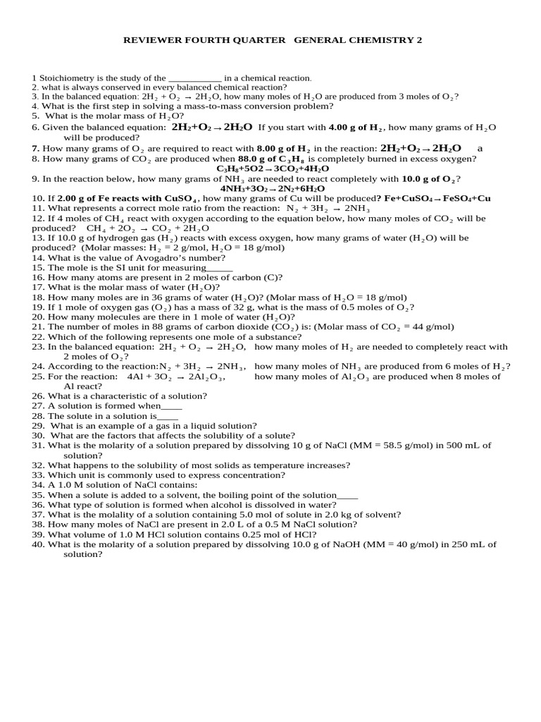 REVIEWER CHEM 2 4th Q FINAL EXAM | PDF | Mole (Unit) | Solubility