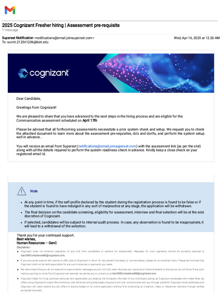 Gmail - 2025 Cognizant Fresher Hiring - Assessment Pre-Requisite | PDF | Computer Mediated ...