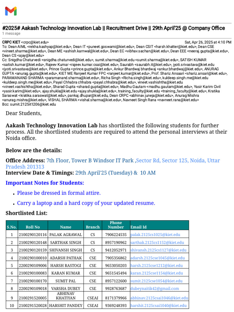 Gmail - #2025# Aakash Technology Innovation Lab - Recruitment Drive - 29th April'25 at Company ...