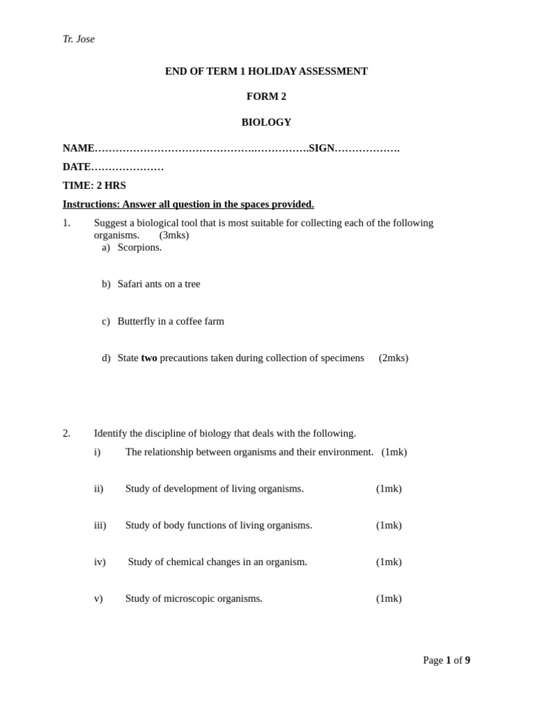 Form 2 Biology Holiday Assessment | PDF | Cell (Biology) | Digestion