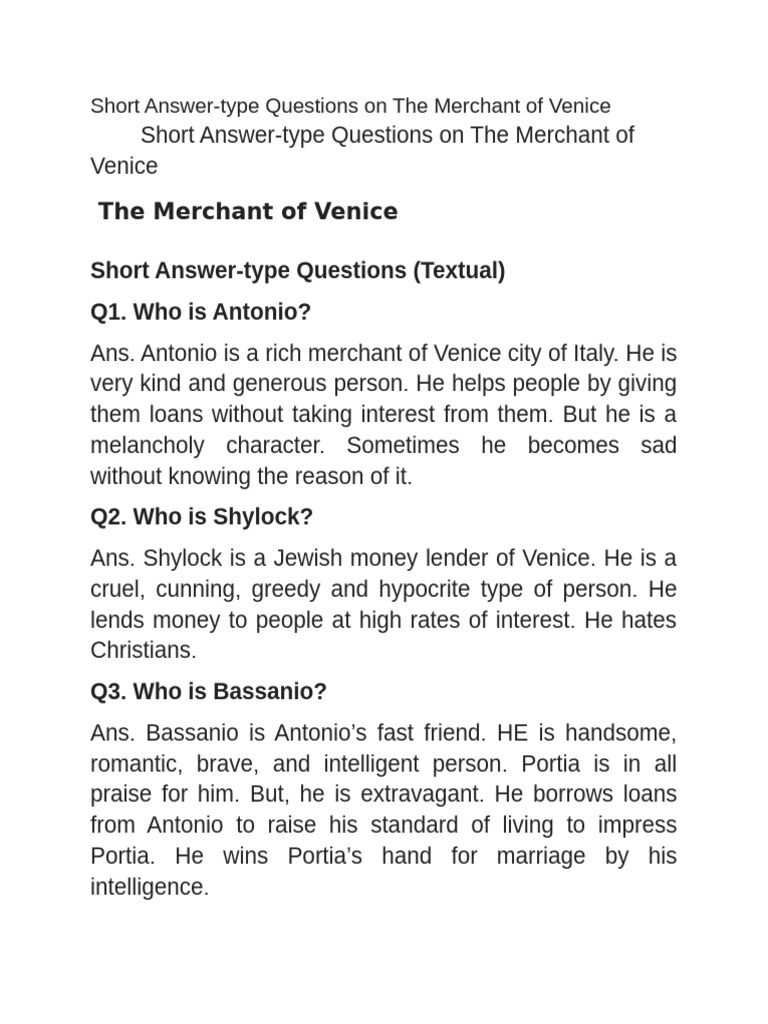 Short Answer-Type Questions On The Merchant of Venice | PDF | The ...