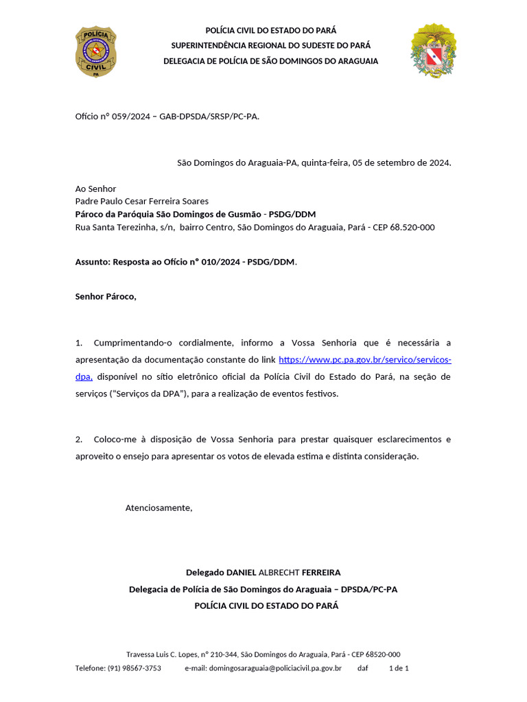 Ofício Nº 059.2024 (Resposta Ao Ofício Da Paróquia) | PDF
