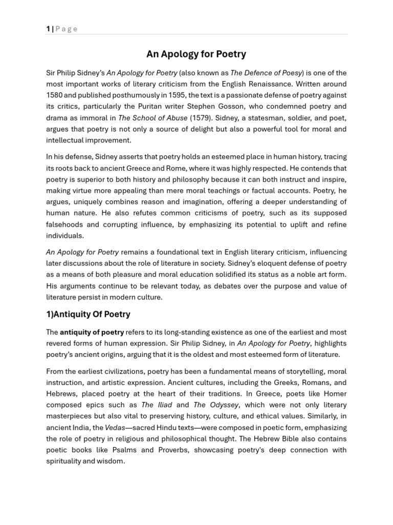 An Apology For Poetry | PDF | Virtue | Tragedy