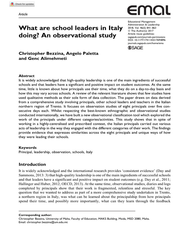 Italian School Leadership Observations | PDF | Leadership | Education ...