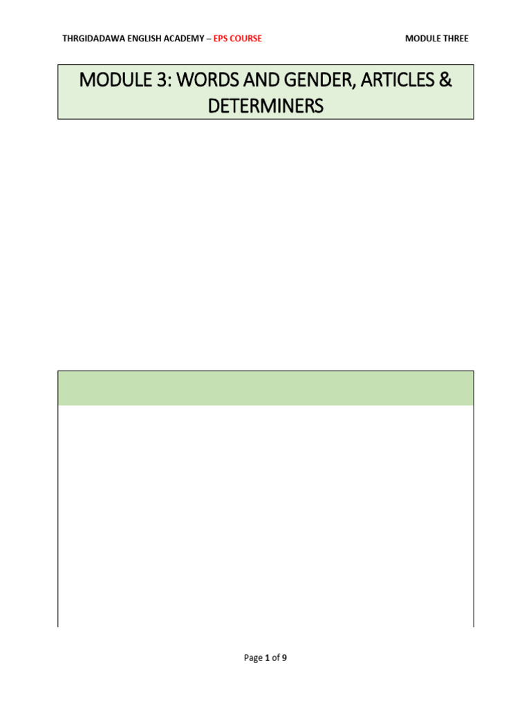 EPS 03 - Words and Gender Determiners and Articles | PDF | Grammatical ...