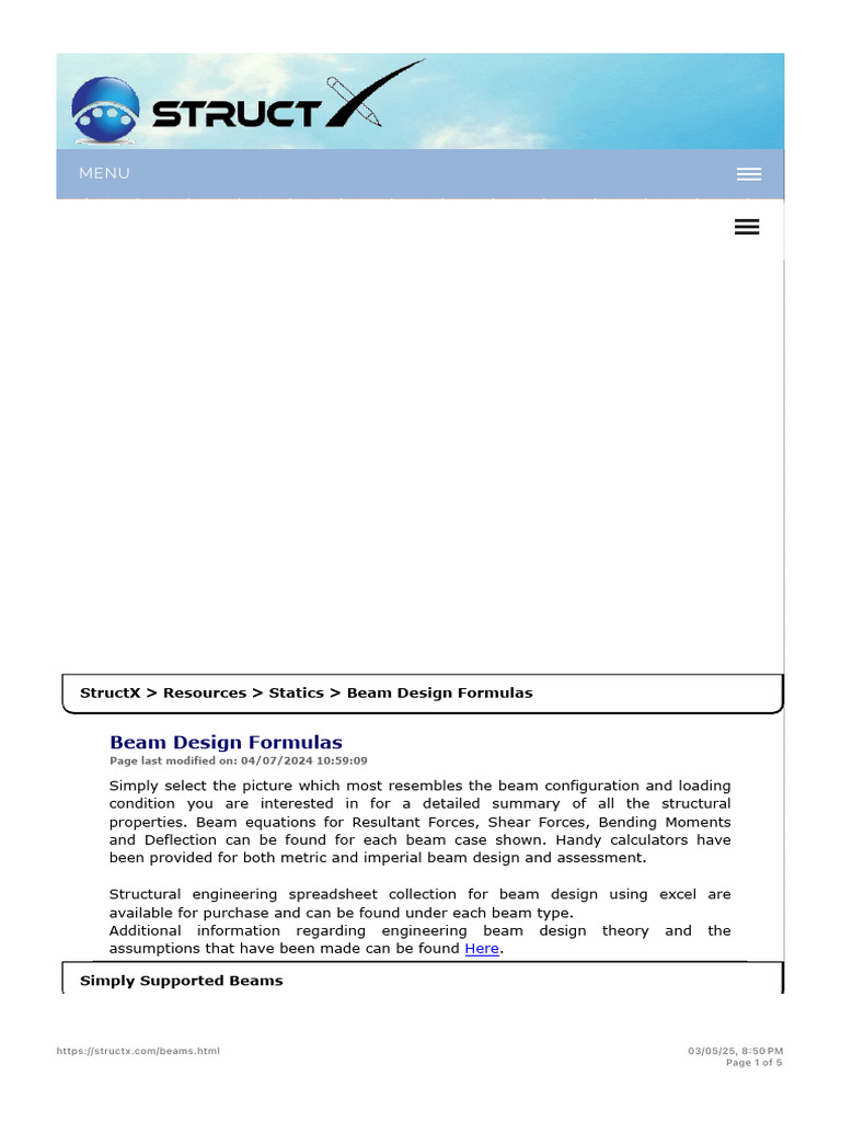 StructX - Beam Design Formulas | PDF | Beam (Structure) | Bending