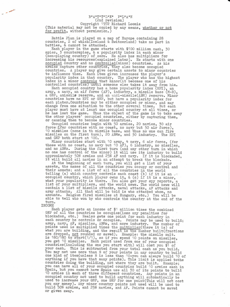 1972 - Flying Buffalo - Battle Plan 2nd Revision by Richard Loomis ...