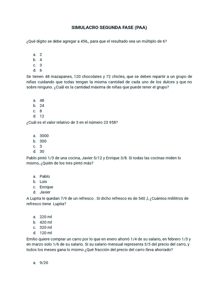 Simulacro Segunda fase PAA | PDF | Matemática Elemental
