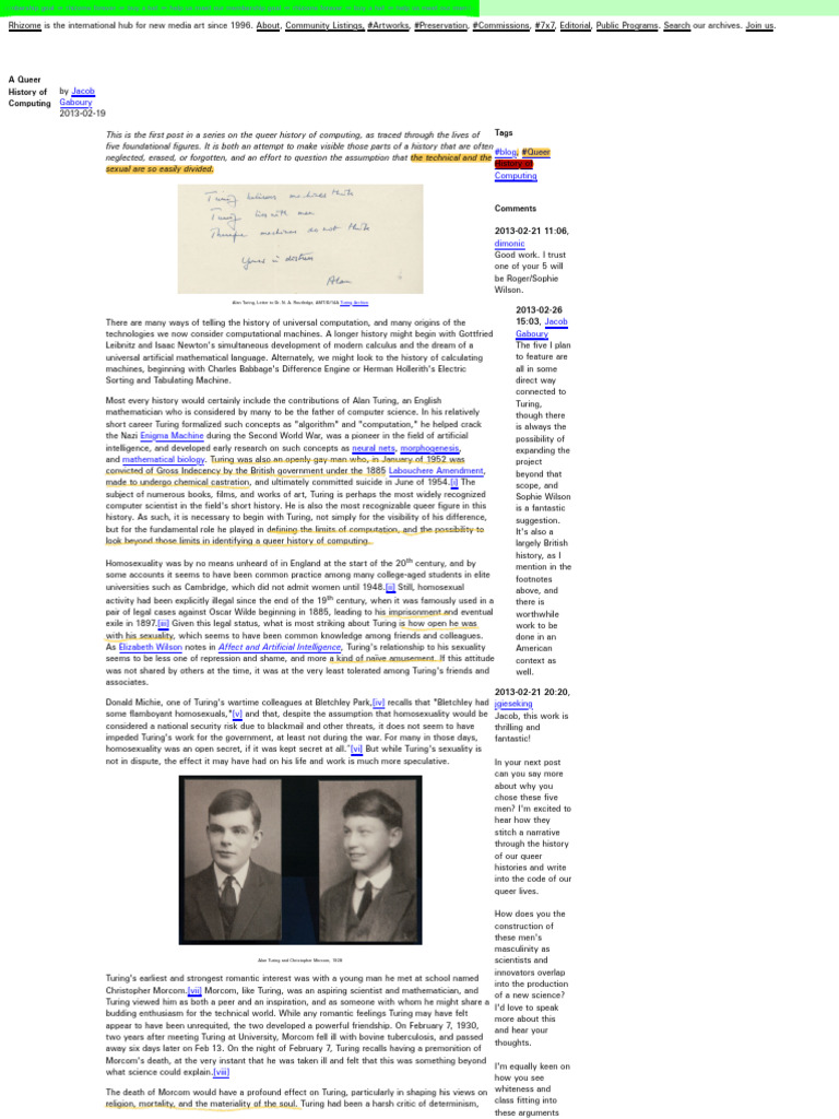 Rhizome - Blog - A Queer History of Computing | PDF | Alan Turing ...